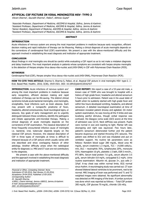 Pdf Atypical Csf Picture In Viral Meningitis Hsv Type 2
