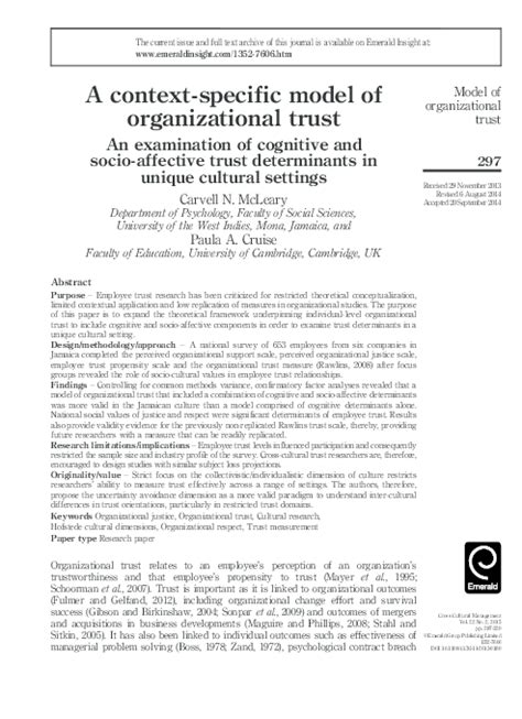 Pdf A Context Specific Model Of Organizational Trust An Examination Of Cognitive And Socio