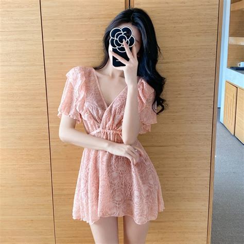 핑크 브이넥 레이스 원피스 수영복 비키니 3피스 세트 M Xxl