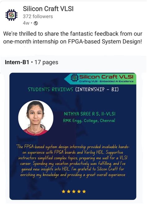 nithya sree rs on linkedin internship experience at silicon craft vlsi