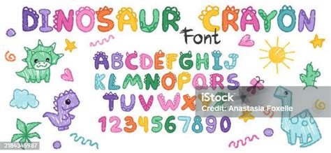 알파벳 문자와 숫자가 있는 공룡 크레용 글꼴 귀여운 공룡 캐릭터 컬렉션 손으로 그린 낙서 분필 스타일 디자인 보육원 또는 유치원 배너 및 포스터 벡터 일러스트 레이 션 0