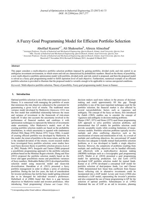 PDF A Fuzzy Goal Programming Model For Efficient Portfolio Selection
