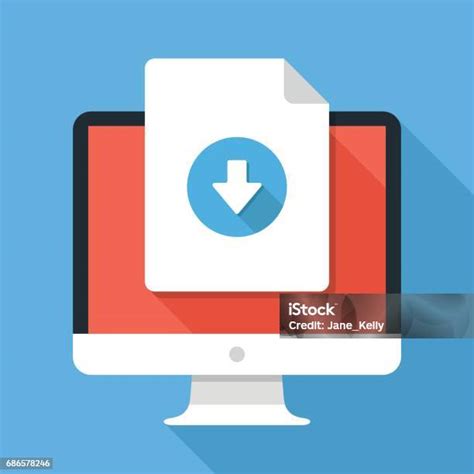 컴퓨터 화면에서 문서 다운로드 단추입니다 문서 아이콘 하 고 데스크톱 Pc입니다 다운로드 파일 개념 그래픽 요소 현대 평면