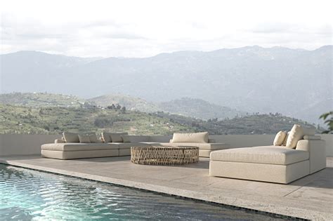 발코니에 있는 스칸디나비아 디자인 라운지 존 수영장과 자연 경관 배경이있는 대형 소파 집 야외 테라스 3d 렌더 일러스트 3차원 형태에 대한 스톡 사진 및 기타 이미지