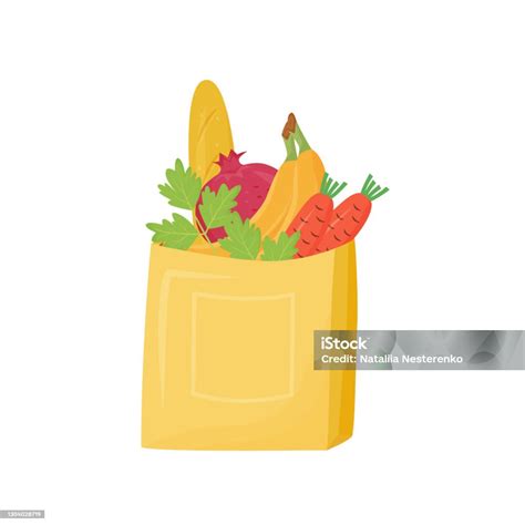 종이 봉투 만화 벡터 일러스트로 제품 포장 바게트 과일 과 야채 플랫 컬러 개체 빵집과 유기농 농산물 흰 배경에 고립된 빵과 녹색 식료품 2차 도형에 대한 스톡 벡터 아트