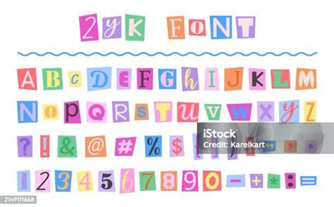 Y2k 스타일로 잡지의 다채로운 글자 숫자를 잘라냅니다 90년대 스타일의 콜라주를 위한 익명의 신문 글꼴입니다 포스터 배너 인사말 카드 소셜 미디어 웹 디자인을위한 범죄