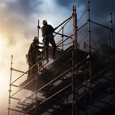 Premium Ai Image Dynamic Duo Construction Workers On Scaffolding