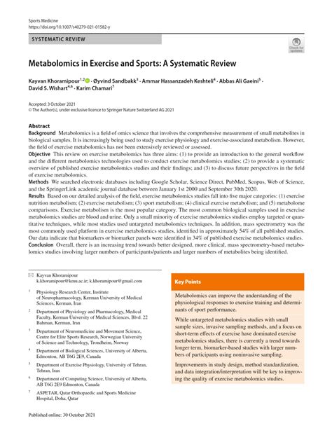 Pdf Metabolomics In Exercise And Sports A Systematic Review
