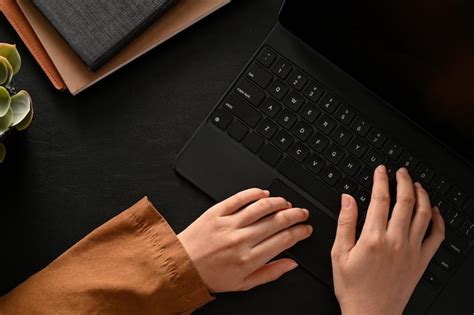 Premium Photo Female Hands Working On Tablet Typing On Wireless Keyboard