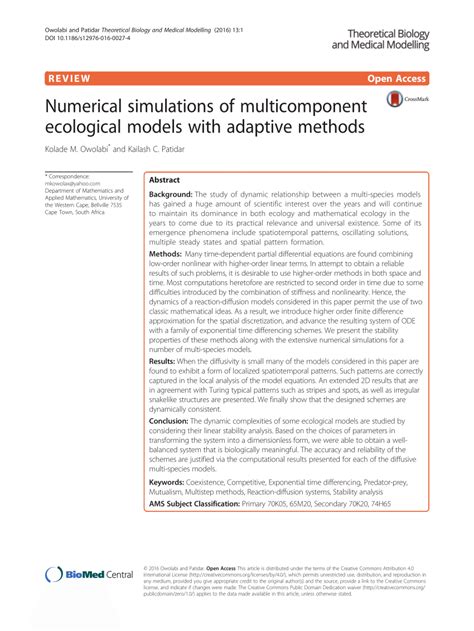 Pdf Numerical Simulations Of Multicomponent Ecological Models With
