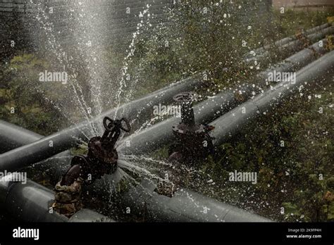 Breakthrough Heating Pipe Pipeline Accident Boiling Water Pours Out Loss Of Tightness Stock