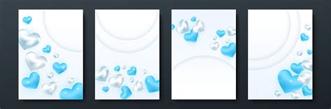 발렌타인 데이 포스터 세트 기하학적 배경에 프레임이있는 파란색과 흰색 종이 하트3d 귀여운 사랑 판매 배너 또는 인사말 카드 벡터 그림입니다 2월에 대한 스톡 벡터 아트 및