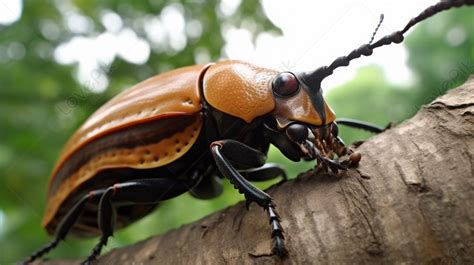 딱정벌레가 나무 옆에 앉아 있다
