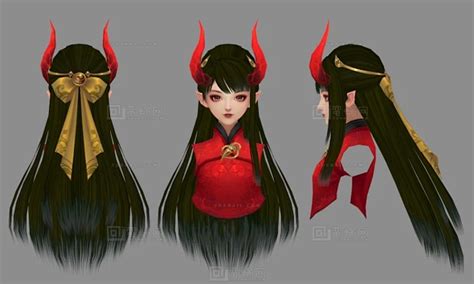 红衣女孩头像 恶魔角 脸型 半身像 发型 女精灵 古代魔幻人物 角色模型 蛮蜗网 花瓣网