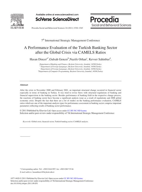 Pdf A Performance Evaluation Of The Turkish Banking Sector After The Global Crisis Via Camels
