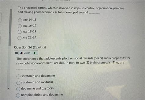 Solved The Prefrontal Cortex Which Is Involved In Chegg Com