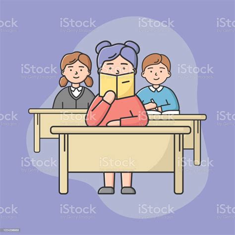 고등학교 교육의 개념 교실에서 강의에 앉아 있는 학생 십대 학생 소년과 소녀 책상에 앉아 교사를 듣고 만화 선형 윤곽선 플랫 스타일입니다 벡터 일러스트레이션 아이에 대한