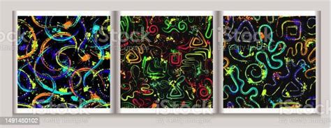 추상적인 물결 모양 소용돌이 돌리기 페인트 브러시 스트로크 얼룩 네온 밝은 색상의 산산조각이 난 페인트가 있는 패턴 세트 스포츠