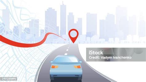도시로의 내비게이션 개념 도로를 달리는 자동차 빨간 화살표는 스카이 라인 도시 건물과 도시로가는 도로를 가리 킵니다 고속도로의 교통체증 벡터 일러스트 레이 션 0명에 대한