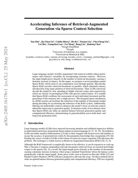 Pdf Accelerating Inference Of Retrieval Augmented Generation Via Sparse Context Selection