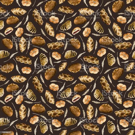 짙은 갈색의 신선한 빵과 달콤한 빵 매끄러운 패턴 다양한 종류의 베이커리 유기농 시골 패스트리 제품 덩어리 밀 수채화 그림의