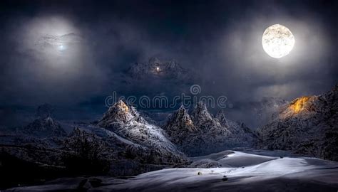 Amazing Winter Scenery Landscape With Magical Winter Night With Full Moon And Stars Stock