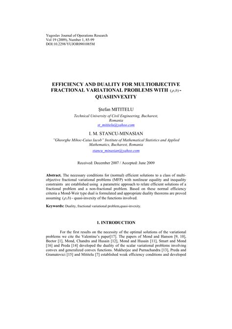 Pdf Efficiency And Duality For Multiobjective Fractional Variational Problems With ρb