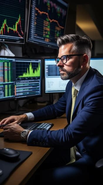Premium Photo Male Stock Trader Analyzing Financial Data On Multiple Computer Monitors