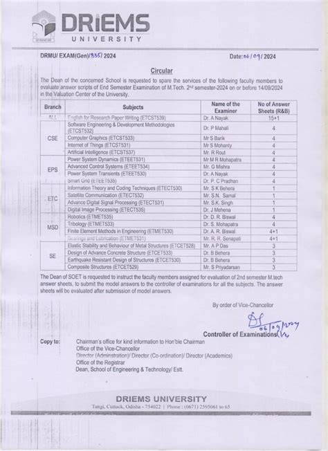 Mtech 2nd Semester 2024 Answer Sheet Evaluation Notice Driems University