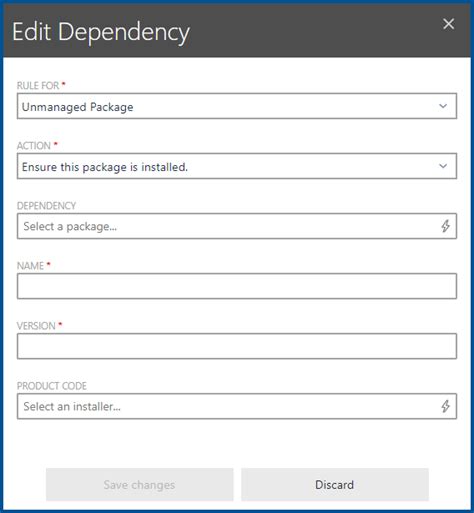 Applications Package Details Dependencies Edit A Dependency Unmanaged Package