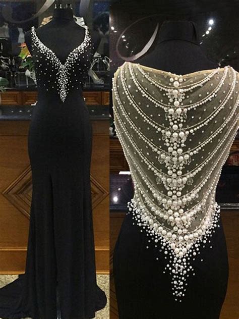 Black Prom Dress Sheathcolumn Beading Short Train Sexy Prom Dresseve