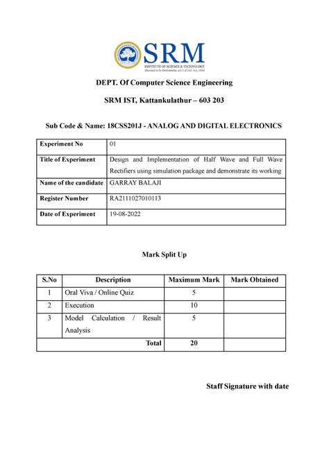 ADE Exp 1 Aim To Construct A Half Wave And Full Wave Rectifier Using Diode And To Draw Studocu