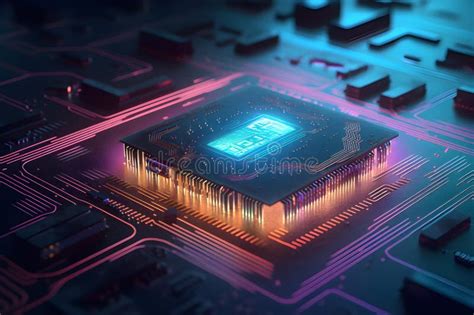 Generative Ai Futuristic Neon Microchip Circuit Board 3d Rendering Stock Illustration