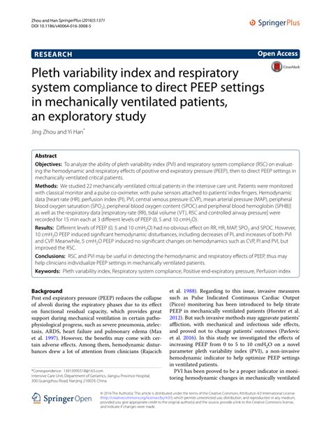 PDF Pleth Variability Index And Respiratory System Compliance To Direct PEEP Settings In