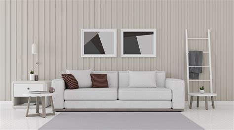 흰색 소파 세트와 흰색 벽과 밝은 라미네이트 바닥에 나무 사이드 테이블거실 공간의 전망 최소한의 인테리어 디자인의 관점 3d