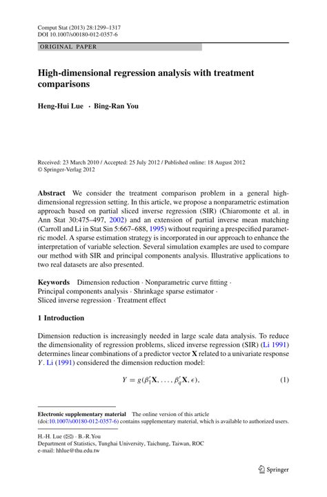 Pdf High Dimensional Regression Analysis With Treatment Comparisons