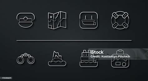 선장 모자 쌍안경 구명 부표 유람선 열대 섬 바다 접힌 지도 여행 가방 및 구명정 아이콘을 설정합니다 벡터 가리키기에 대한 스톡 벡터 아트 및 기타 이미지 Istock