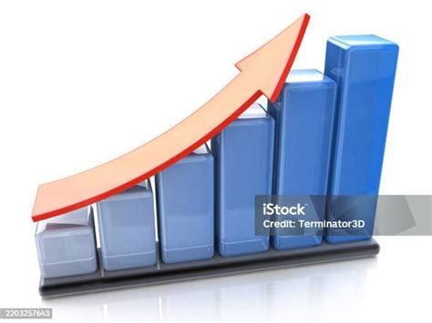 비즈니스 성공 및 금융 성장 및 개발 개념 반사 효과가 있는 흰색 배경에 고립된 빨간색 상승 화살표가 있는 파란색 성장 막대 차트 0명에 대한 스톡 사진 및 기타 이미지