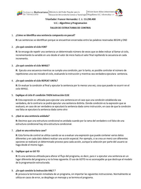 Taller Estructuras De Control Pdf Flujo De Control Ingeniería Informática