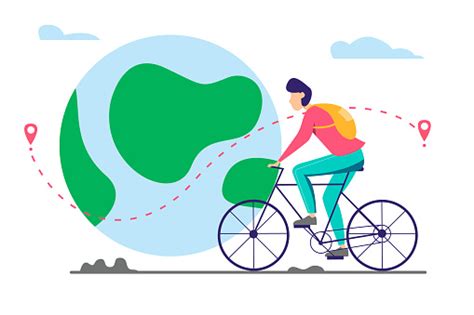 거대한 행성 근처에서 자전거를 타는 남자 응용 프로그램 및 사이트에 대한 그림입니다 여행 활동적인 라이프 스타일을위한 현대적인 디자인 세계지도에 대한 스톡 벡터 아트 및