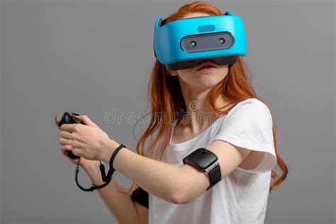 Redhead Girl Using Vr Glasses Isolated Over White Virtual Reality Experience Stock Photo