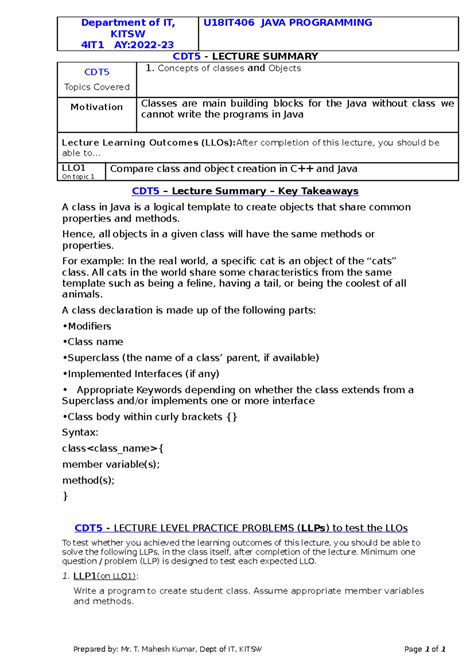 Java CDT Summary IT TMK Department Of IT KITSW IT AY U IT JAVA PROGRAMMING