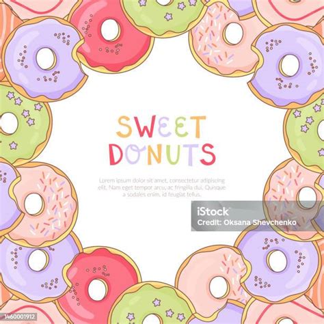 아이싱과 스프링클이 있는 밝고 다채로운 도넛 프레임 프레임 중간에 원하는 비문을 지정할 수 있습니다 메뉴 디자인 카페 장식 배달 상자 티셔츠 직물 섬유에 적합합니다 3차원