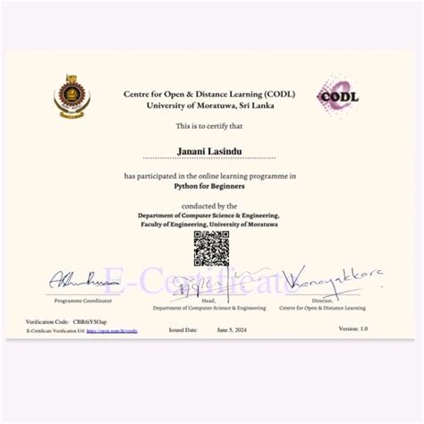 Janani Lasindu On Linkedin I Completed Python For Beginners Online Learning Program Of Codl Of Uom