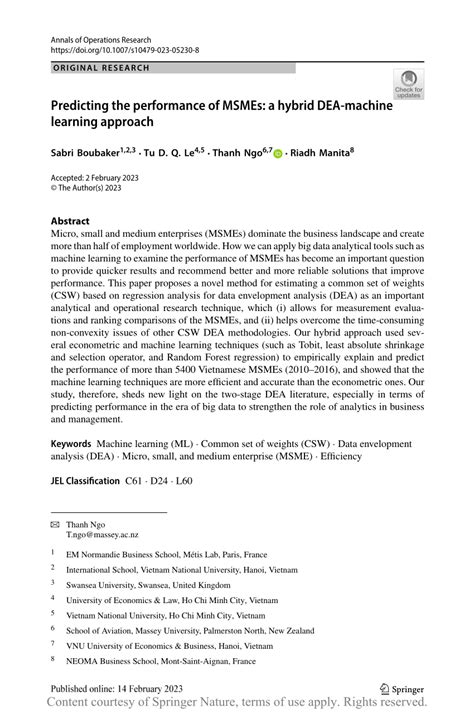 Pdf Predicting The Performance Of Msmes A Hybrid Dea Machine Learning Approach