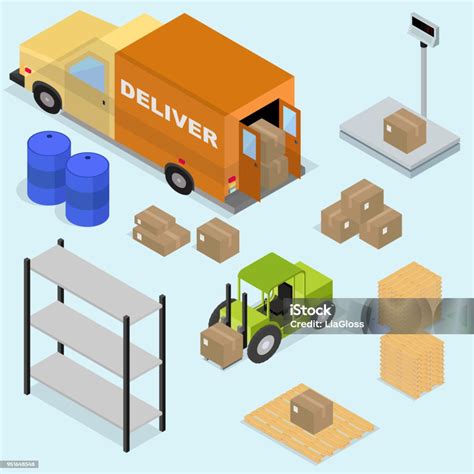 물류 및 배달 비늘 상자 지게차 및 화물의 아이소메트릭 아이콘 세트 개체 그룹에 대한 스톡 벡터 아트 및 기타 이미지 개체 그룹 교통수단 기계류 Istock
