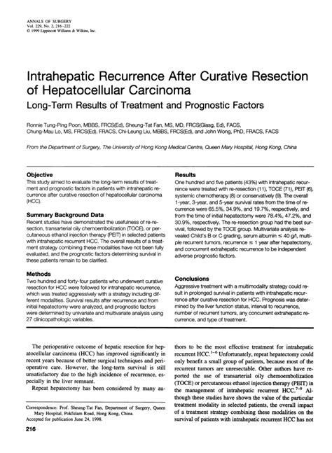 Pdf Intrahepatic Recurrence After Curative Resection Of Hepatocellular Carcinoma Long Term