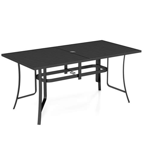 Patio Dining Table For 6 160cm Rectangle Metal Slat Table With Umbrella Hole Costway
