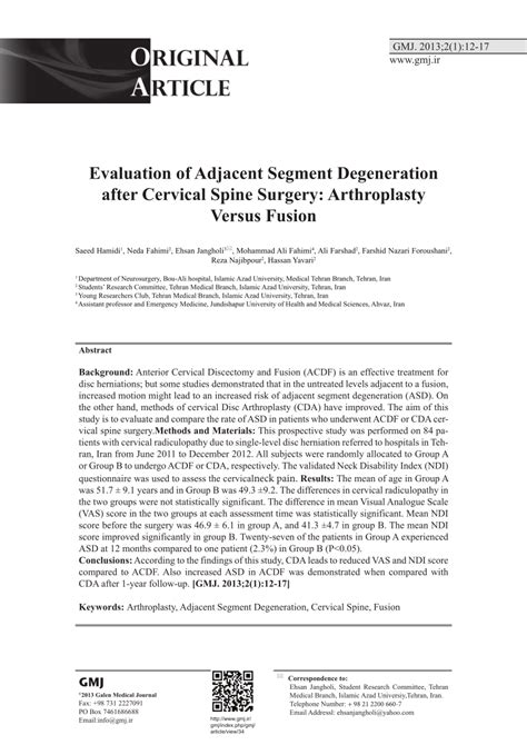 Pdf Evaluation Of Adjacent Segment Degeneration After Cervical Spine Surgery Arthroplasty