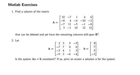 solved matlab exercises 1 find a column of the matri x 10